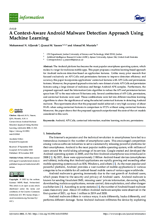 Pdf A Context Aware Android Malware Detection Approach Using Machine Learning
