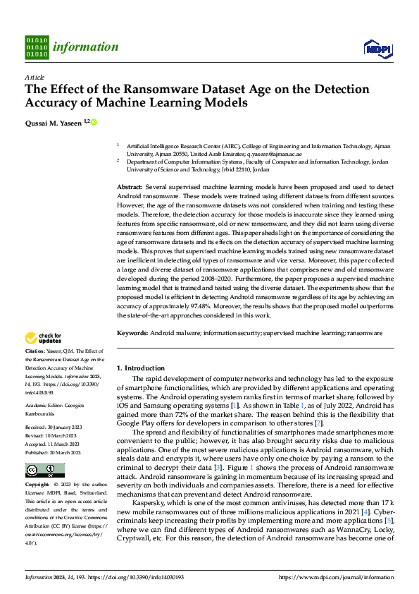 Pdf The Effect Of The Ransomware Dataset Age On The Detection Accuracy Of Machine Learning Models