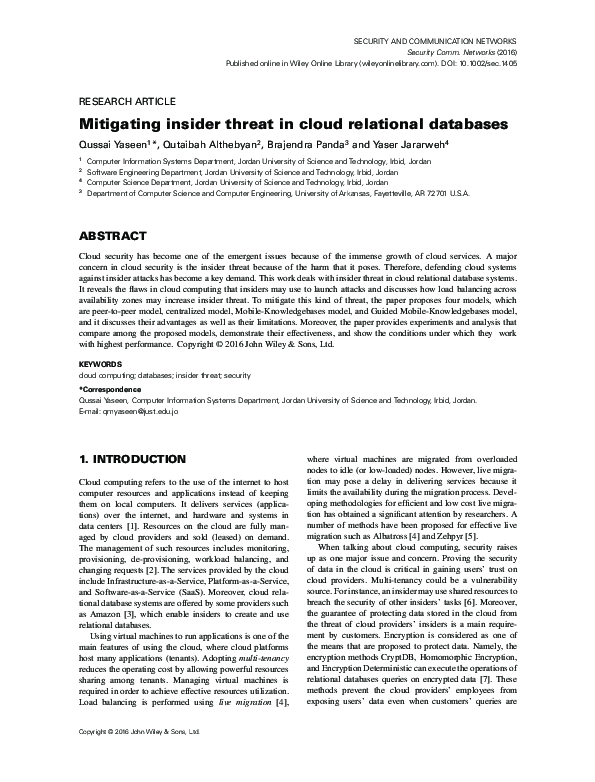 (PDF) Mitigating insider threat in cloud relational databases