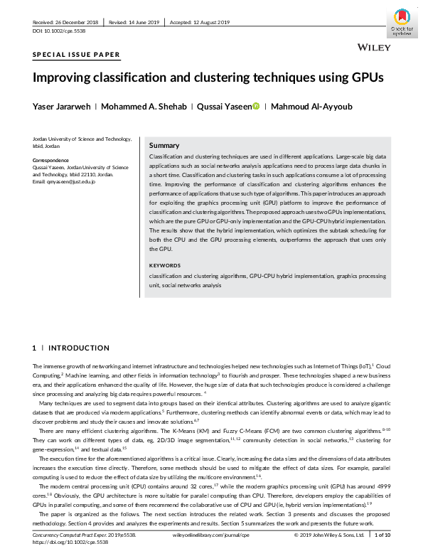 (PDF) Improving classification and clustering techniques using GPUs