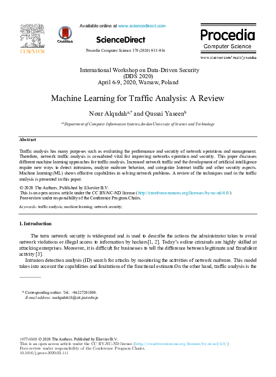 (PDF) Machine Learning for Traffic Analysis: A Review