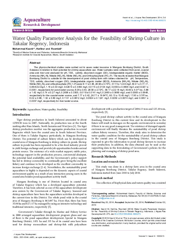 (PDF) Water Quality Parameter Analysis for the Feasibility of Shrimp Culture in Takalar Regency ...