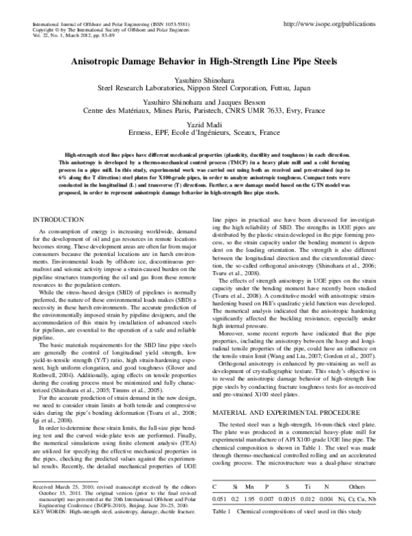 (PDF) Anisotropic Damage Behavior in High-Strength Line Pipe Steels
