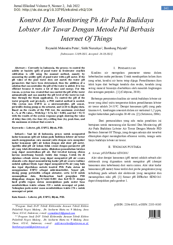 (PDF) Kontrol Dan Monitoring Ph Air Pada Budidaya Lobster Air Tawar Dengan Metode PID Berbasis ...