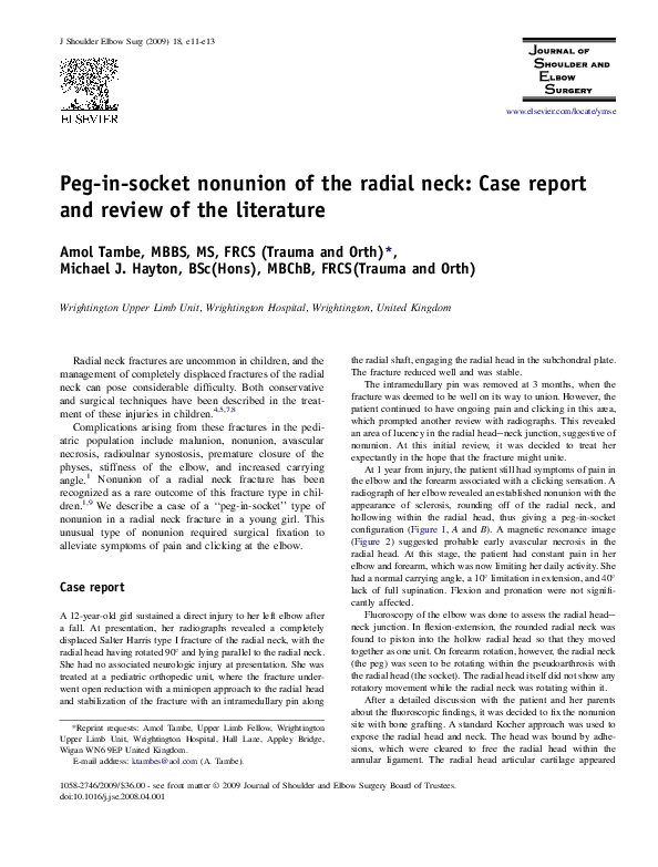 (PDF) Peg-in-socket nonunion of the radial neck: Case report and review ...