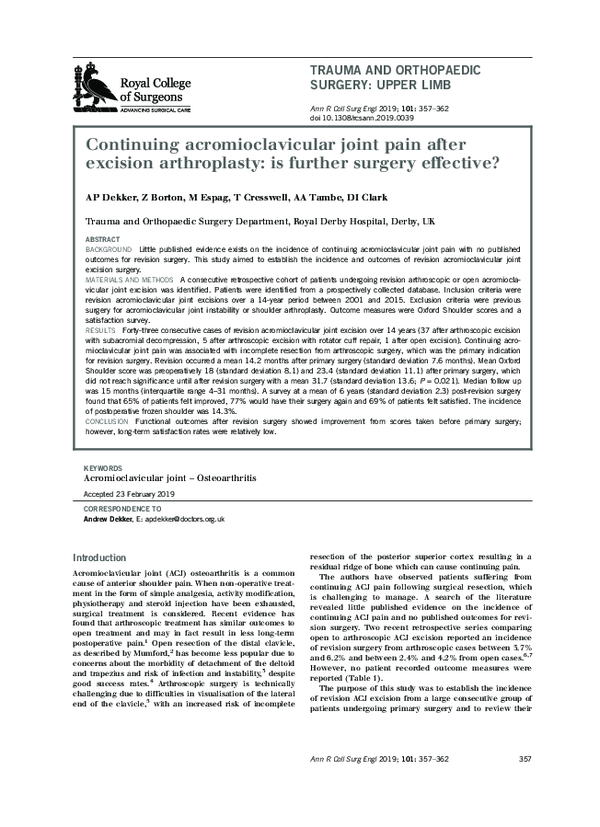 (PDF) Continuing acromioclavicular joint pain after excision ...