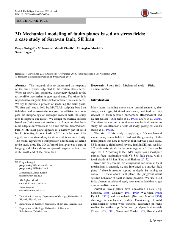 (PDF) 3D Mechanical modeling of faults planes based on stress fields: a case study of Saravan ...