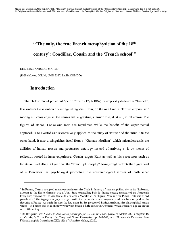 (PDF) "'The only, the true French metaphysician of the 18 th century ...