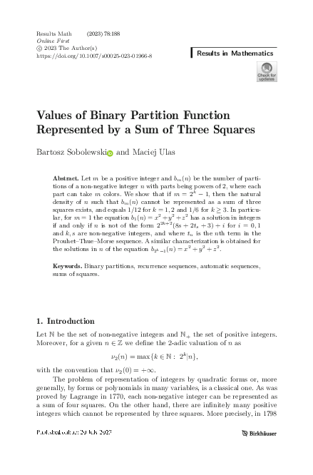 Pdf Values Of Binary Partition Function Represented By A Sum Of Three