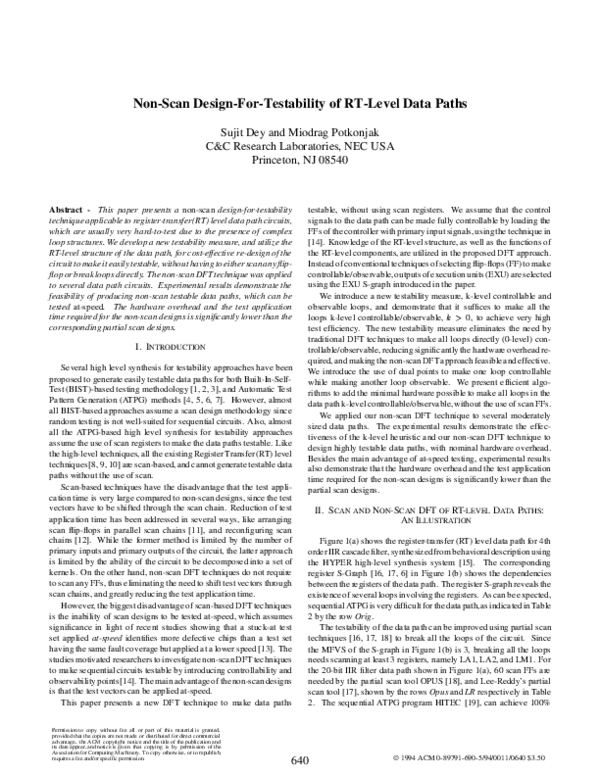 (PDF) Non-scan Design-for-testability Of Rt-level Data Paths