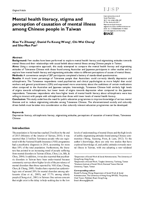 (PDF) Mental health literacy, stigma and perception of causation of ...