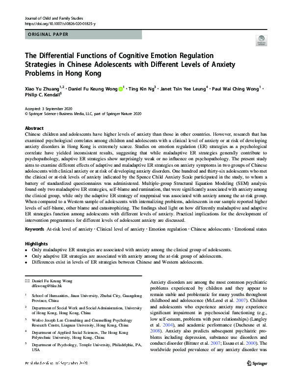 (PDF) The Differential Functions of Cognitive Emotion Regulation Strategies in Chinese ...
