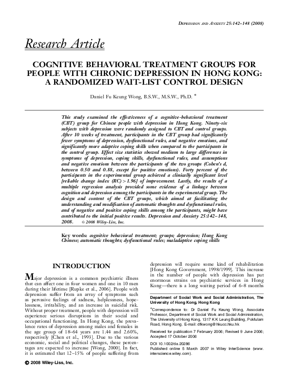 (PDF) Cognitive behavioral treatment groups for people with chronic depression in Hong Kong: a ...