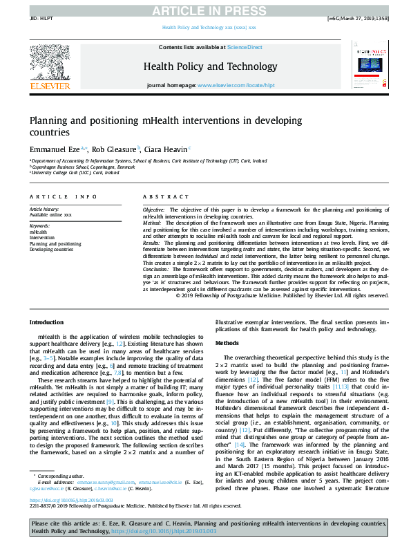 (PDF) Planning and positioning mHealth interventions in developing ...