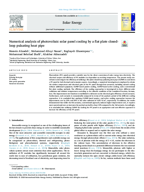 (PDF) Numerical analysis of photovoltaic solar panel cooling by a flat plate closed-loop ...