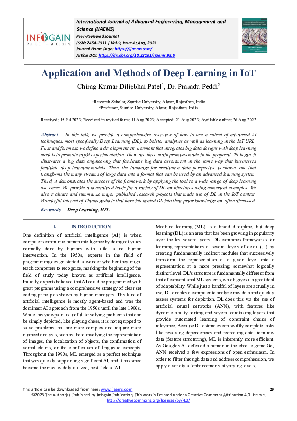 Pdf Application And Methods Of Deep Learning In Iot