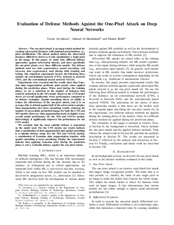 (PDF) Evaluation of Defense Methods Against the One-Pixel Attack on ...