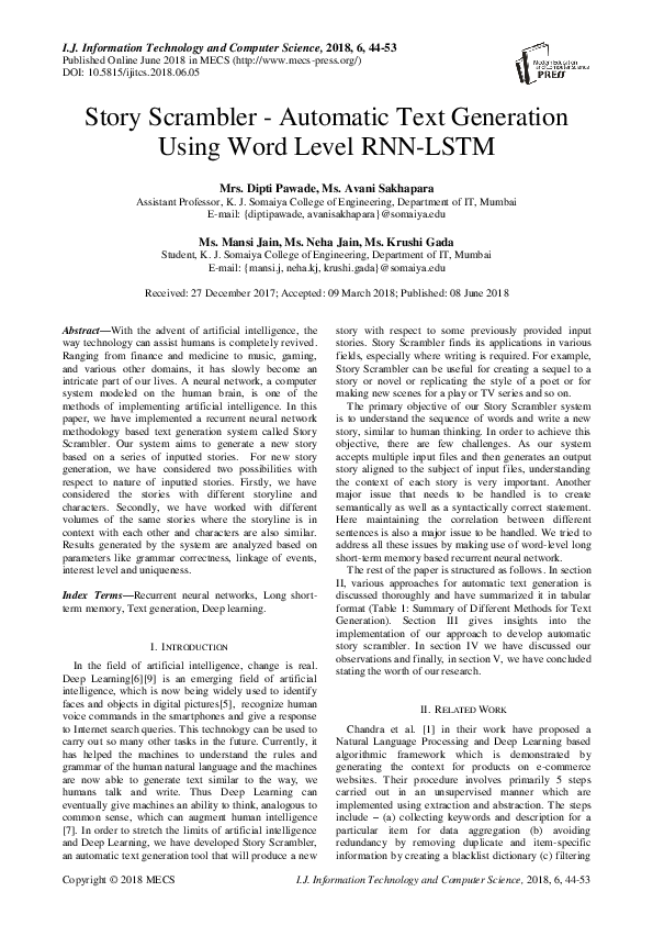 (PDF) Story Scrambler - Automatic Text Generation Using Word Level RNN-LSTM