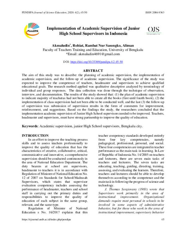 (PDF) Implementation of Academic Supervision of Junior High School Supervisors in Indonesia ...