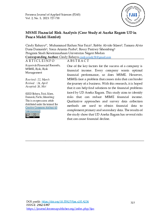 (PDF) MSME Financial Risk Analysis (Case Study at Aneka Ragam UD in ...