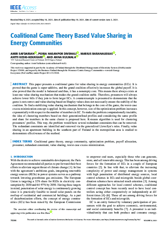 (PDF) Coalitional Game Theory Based Value Sharing in Energy Communities