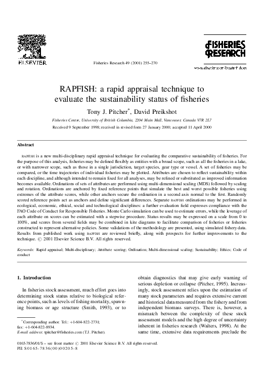 (PDF) Rapfish: A Rapid Appraisal Technique to Evaluate the Sustainability Status of Fisheries