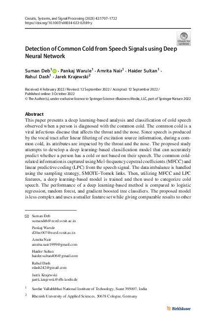 (PDF) Detection of Common Cold from Speech Signals using Deep Neural Network