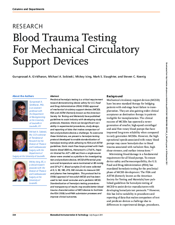 (PDF) Blood Trauma Testing For Mechanical Circulatory Support Devices