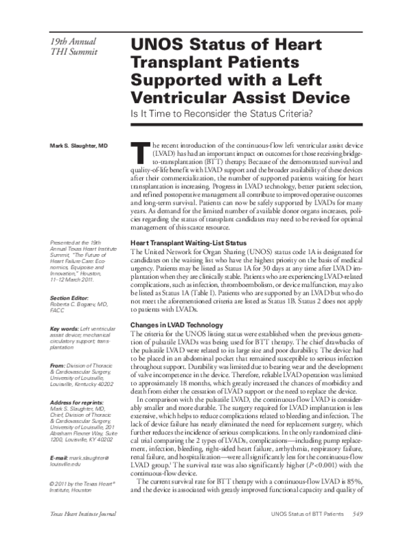(PDF) UNOS status of heart transplant patients supported with a left ...