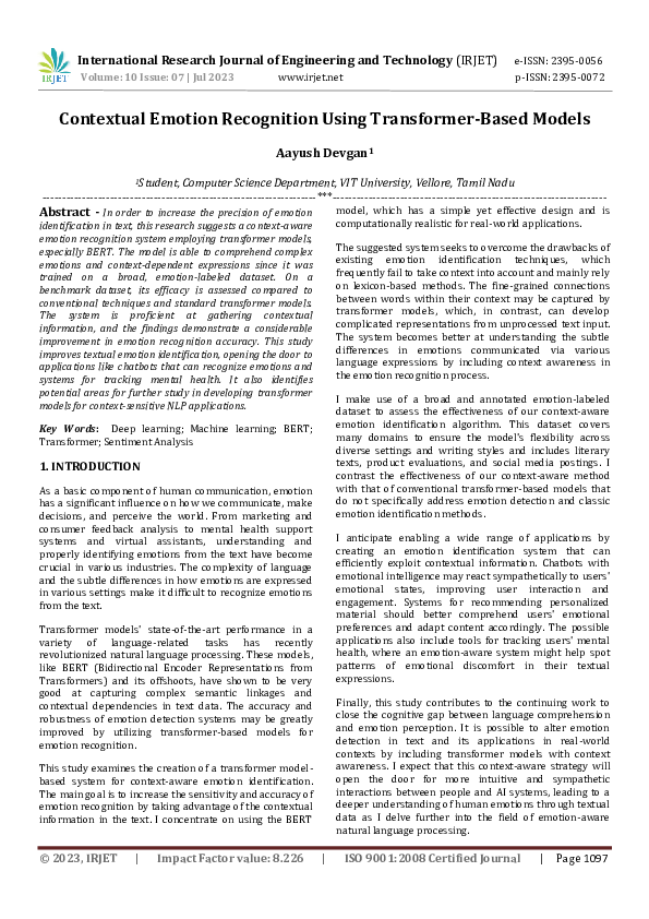 (PDF) Contextual Emotion Recognition Using Transformer-Based Models
