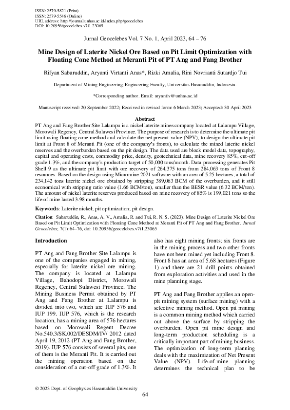 (PDF) Mine Design of Laterite Nickel Ore Based on Pit Limit ...