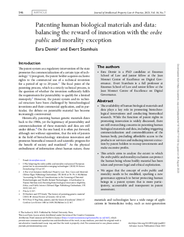 (PDF) Patenting human biological materials and data: balancing the ...