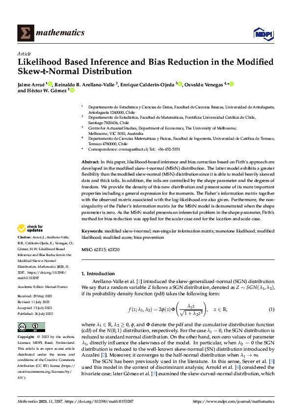 (PDF) Likelihood Based Inference and Bias Reduction in the Modified Skew-t-Normal Distribution