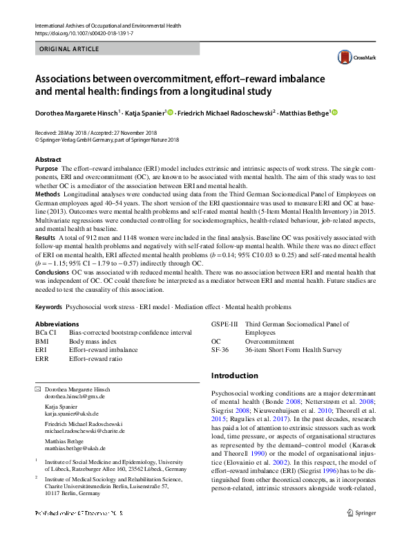 (PDF) Associations between overcommitment, effort–reward imbalance and ...