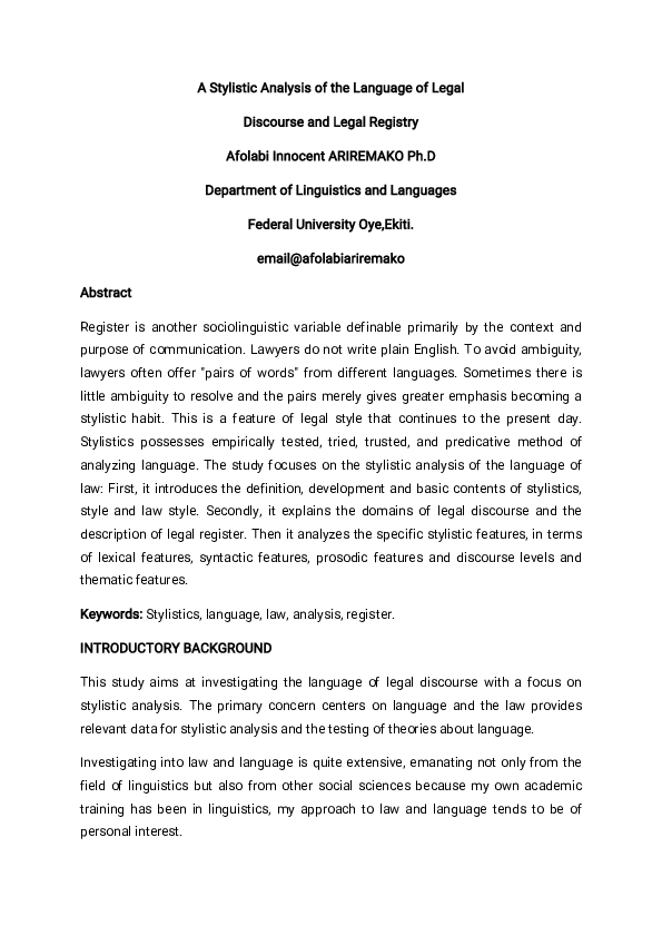 (PDF) A Stylistic Analysis of the Language of Legal Discourse and Legal ...