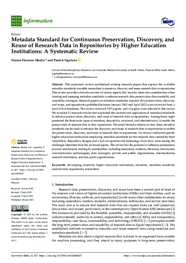 (PDF) Metadata Standard for Continuous Preservation, Discovery, and ...