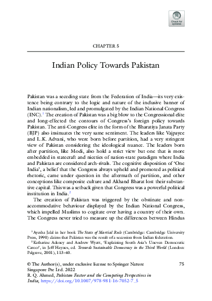 (PDF) Indian Policy Towards Pakistan