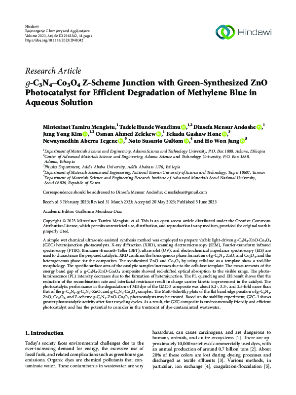 (PDF) g -C3N4–Co3O4 Z-Scheme Junction with Green-Synthesized ZnO Photocatalyst for Efficient ...