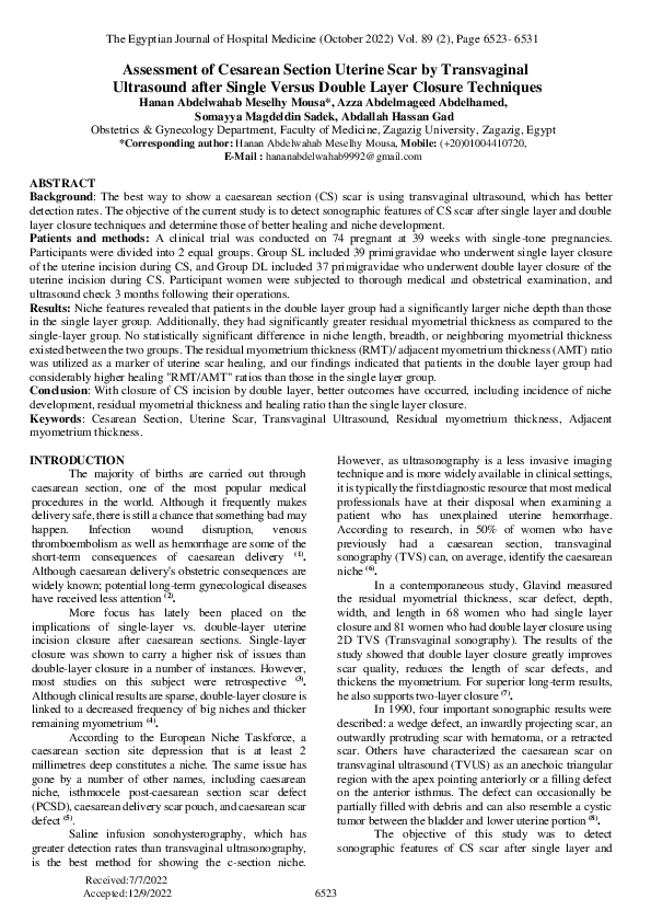 Pdf Assessment Of Cesarean Section Uterine Scar By Transvaginal Ultrasound After Single Versus
