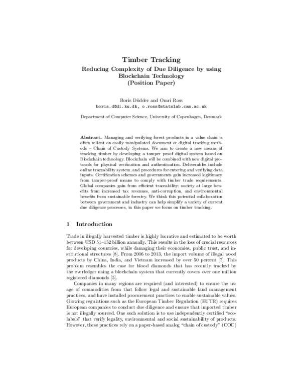 (PDF) Timber Tracking: Reducing Complexity of Due Diligence by Using Blockchain Technology