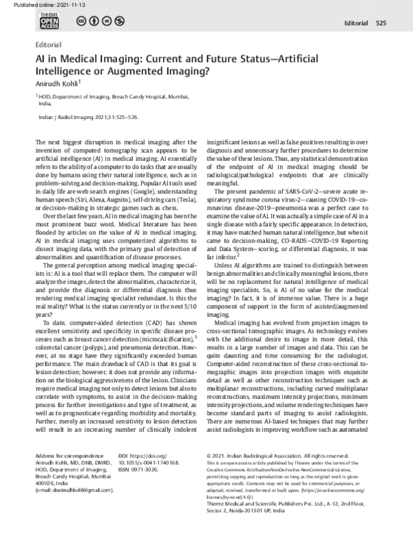 (PDF) AI in Medical Imaging: Current and Future Status—Artificial Intelligence or Augmented Imaging?