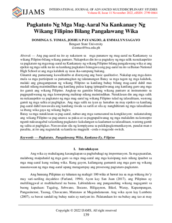 (PDF) Pagkatuto ng mga Mag-aaral na Kankana-ey ng Wikang Filipino Bilang Pangalawang Wika
