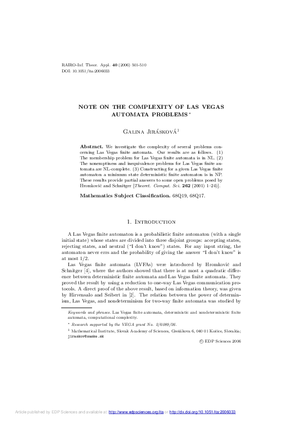 (PDF) Note on the complexity of Las Vegas automata problems