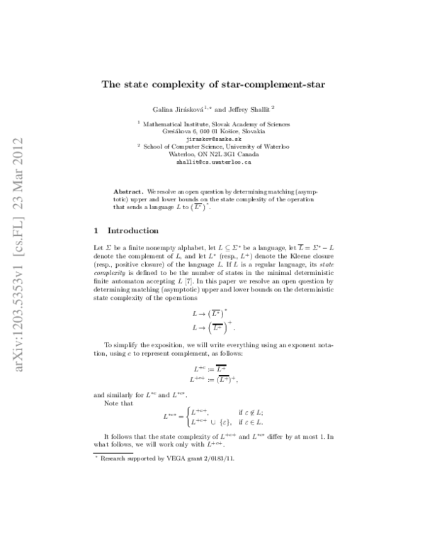 (PDF) The State Complexity of Star-Complement-Star