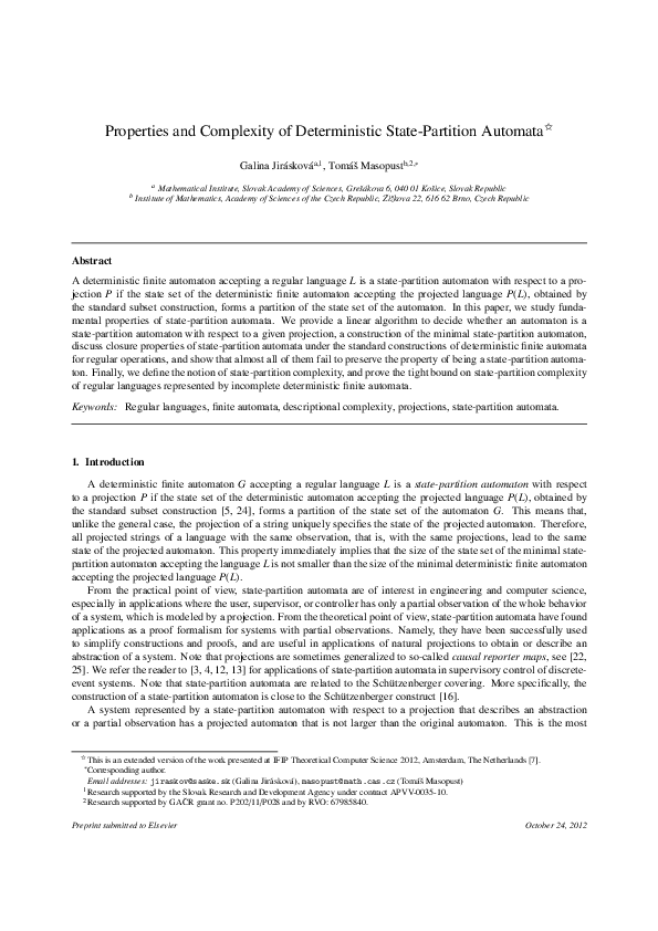 Pdf Properties And Complexity Of Deterministic State Partition Automata