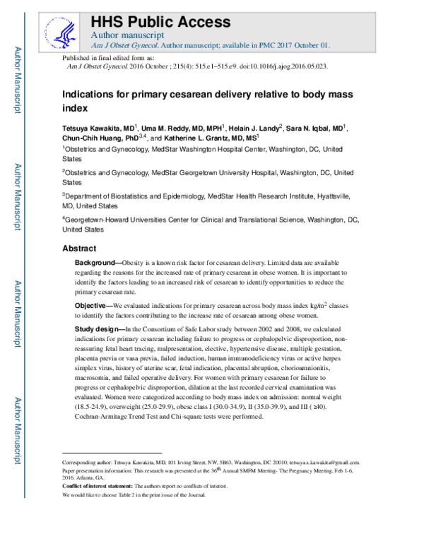 (PDF) Indications for primary cesarean delivery relative to body mass index
