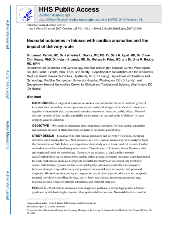 (PDF) Neonatal outcomes in fetuses with cardiac anomalies and the ...