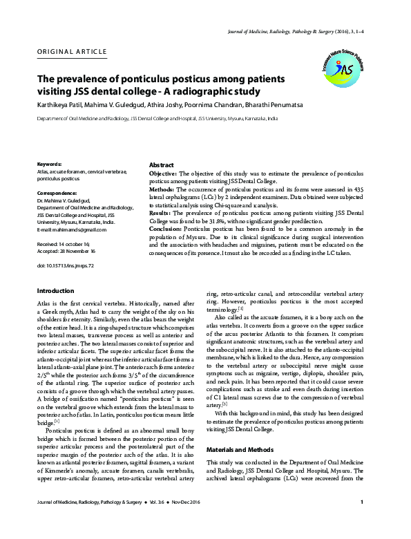 (PDF) The prevalence of ponticulus posticus among patients visiting JSS ...