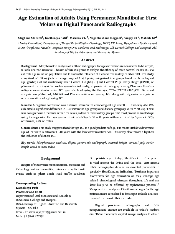 (PDF) Age Estimation of Adults Using Permanent Mandibular First Molars on Digital Panoramic ...