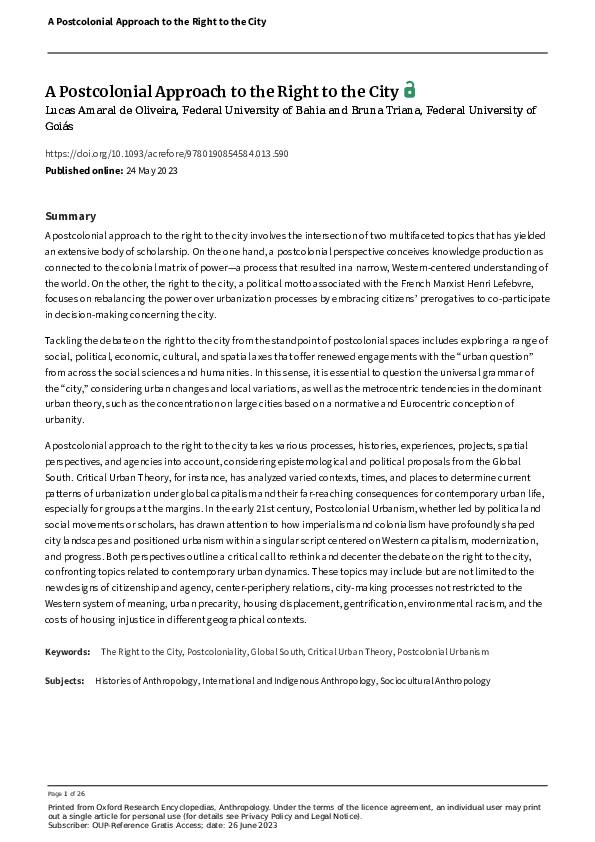 (PDF) A Postcolonial Approach to the Right to the City